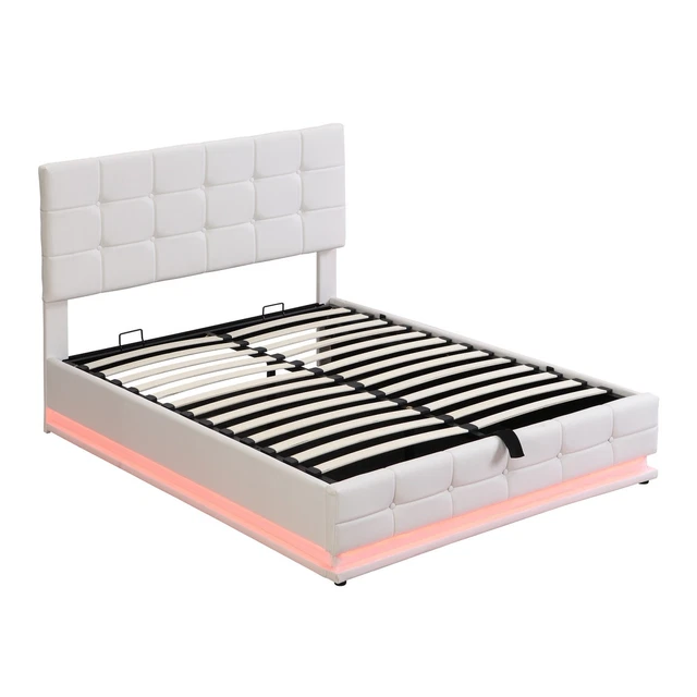 OTTOMAN GAS LIFT Up Bed With LED 4ft6 Double Bed Faux Leather Modern ...