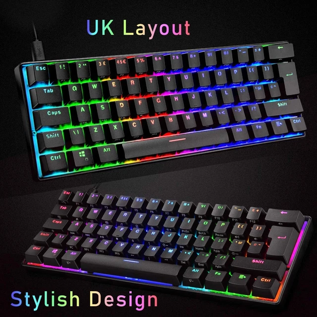 MECHANICAL GAMING KEYBOARD Wired USB-C 60% Mini Size RGB LED Backlight ...