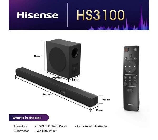 HISENSE HS3100 3.1 Channel Soundbar with Wireless Subwoofer £99.99 ...