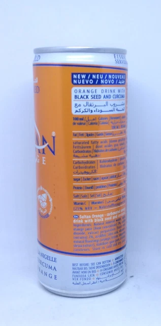 EMPTY SULTAN ORANGE Soda Drink can; 250 ml/8.45 fl oz BOTTOM opened ...