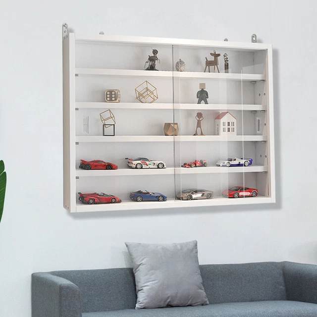 5 TIERS COLLECTORS Display Cabinet Wall Storage Shelves Wooden Glass ...