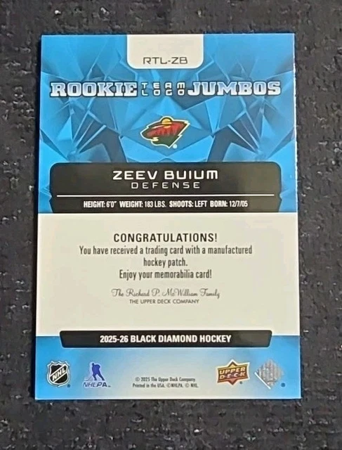 ZEEV BUIUM 2025-26 Ud Black Diamond Rookie Team Logo Jumbo Rc Patch Sp ...