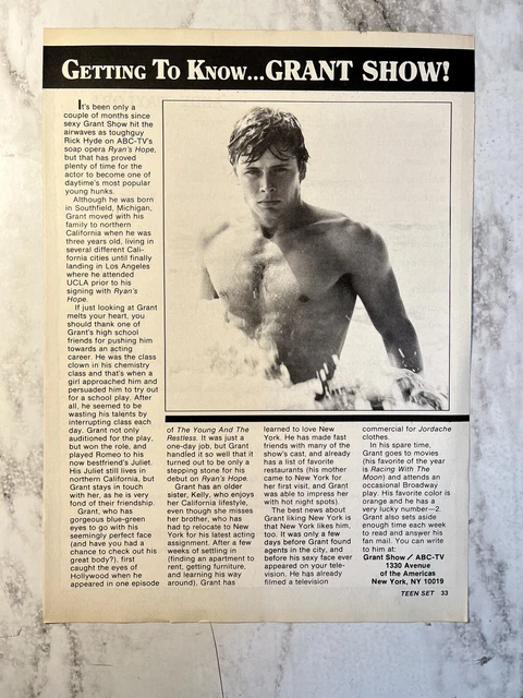 GRANT SHOW SHIRTLESS Pinup & Clipping From 80’s Teen Magazine. £5.18 ...