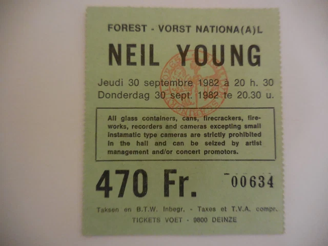 TICKET DE CONCERT NEIL YOUNG 1982 BRUXELLES Forest National EUR 15,00 ...