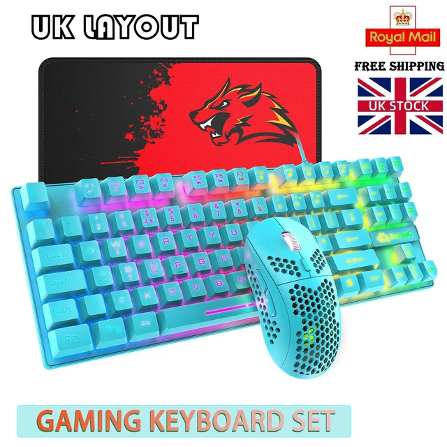 UK LAYOUT GAMING Keyboard Mouse 88 Keys Rainbow Backlit 6400DPI for PC ...