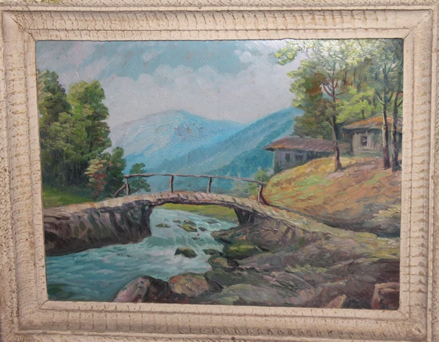 PEINTURE À L'HUILE antique paysage pont rivière de montagne signé EUR ...