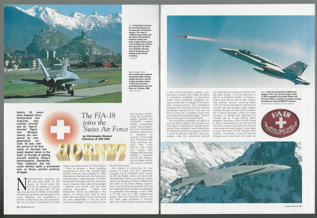 1998 SWISS AIR FORCE F/A-18 HORNET magazine article, info, color photos ...