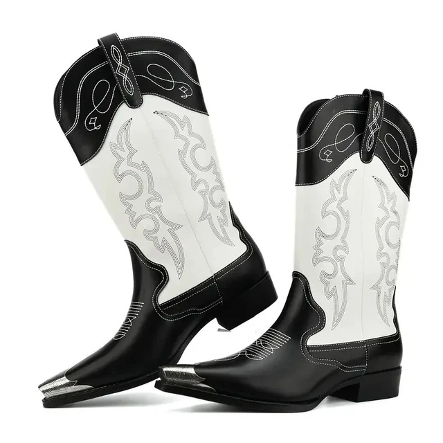 MENS RETRO WESTERN Cowboy Boots Embroidered Square Toe Mid Calf Boots ...