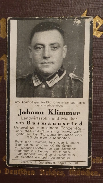 VINTAGE GERMAN WW2 death card JOHANN KLIMMER Panzer RGT FELL in TOROPEZ ...