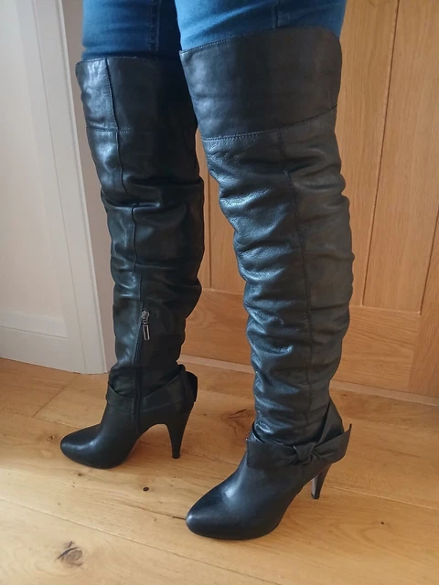 VINTAGE RIVER ISLAND Black Leather Over-the-Knee Boots UK Size 6 £31.87 - PicClick UK