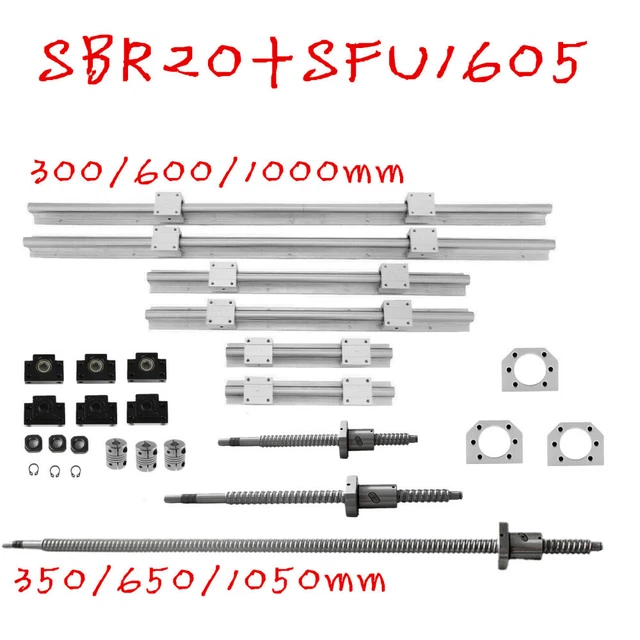 SFU1605 KUGELUMLAUFSPINDEL KIT + SBR20 Linearführung Welle Kit 350/650 ...