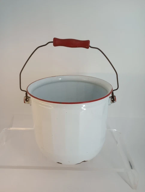 VTG ENAMEL DIAPER Pail Bucket White / Red Bail Wire Wood Handle No ...
