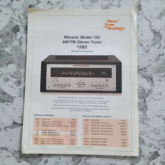 VINTAGE ORIGINAL MARANTZ Model 120 AM/FM Stereo Tuner Dealer Info Sheet ...