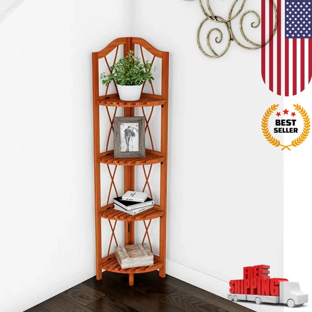CORNER SHELF RACK 4-Tier Folding Storage Shelves Unit Wood Display ...