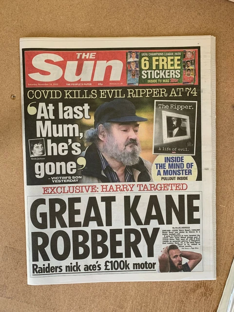 THE SUN NEWSPAPER 14 November 2020 Peter Sutcliffe The Yorkshire Ripper ...