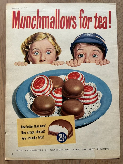 VINTAGE 1950'S MACDONALDS OF GLASGOW Munchmallows Advert BISCUITS MILK ...