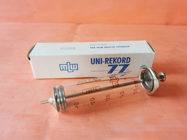 OLD VINTAGE RECORD SYRINGE GLASS & BRASS ORIGINAL BOX GDR UNI-RECORD ...