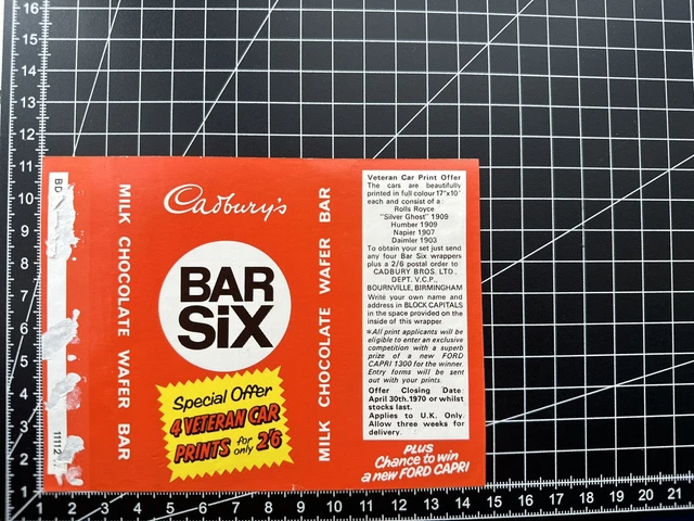 VINTAGE CADBURYS BAR Six Chocolate Sweet Wrapper Confectionery £4.99 ...
