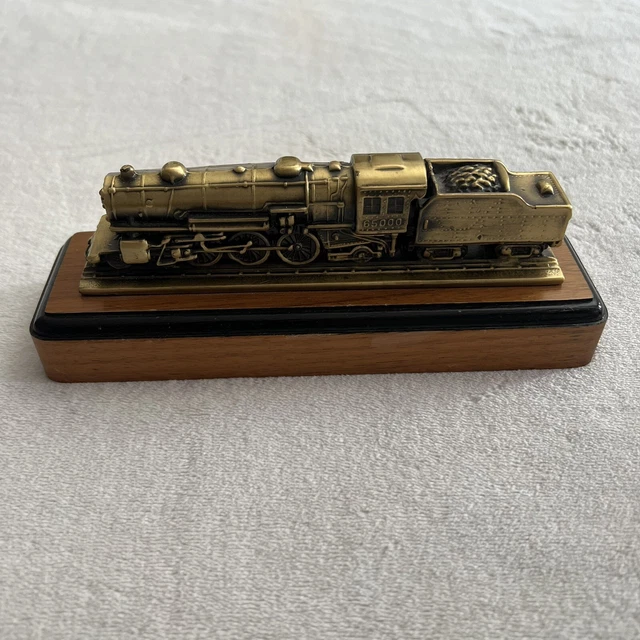 VINTAGE COLLECTIBLE TRAIN Metal Brass Locomotive Wooden Base RARE 7 ...
