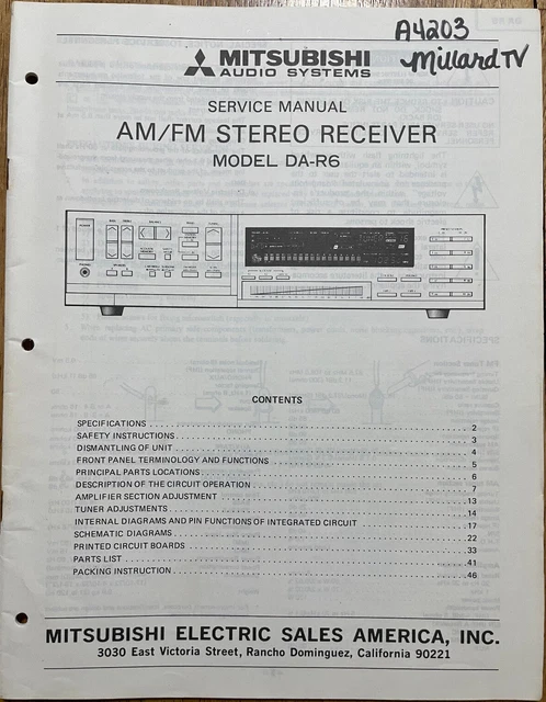 MITSUBISHI DA-R6 AM / Fm Stereo Receiver Original Service Repair Manual ...