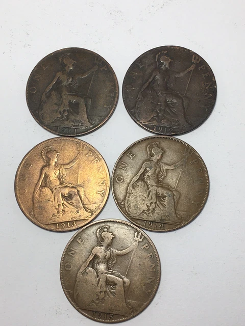 KING GEORGE V Old 1d Penny 1911-12-13-14-15 Coins 5 Circulated nice ...