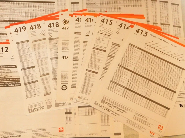 48 X LONDON TRANSPORT BUS STOP PANEL TIMETABLES ROUTES 410 to 419 1990 ...