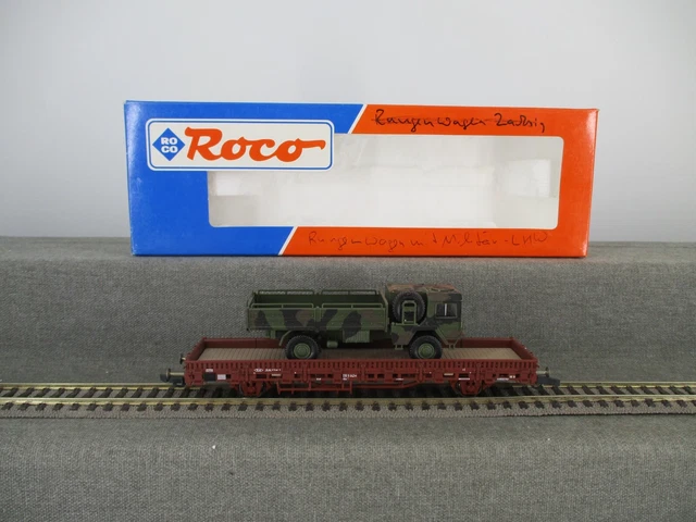 ROCO MINITANKS SPUR H0 885 Güterwagen Niederbordwagen mit LKW Ladung in ...