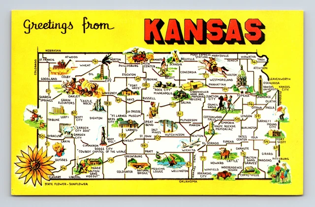 PICTORIAL TOURIST MAP Greeting From State of Kansas KS Postcard £3.47 ...