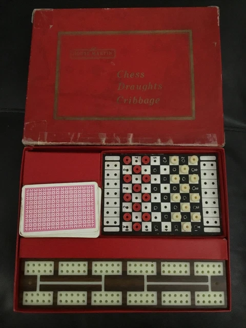 VINTAGE HOUSE MARTIN Draughts, Chess and Cribbage Set, All Pieces,needs ...