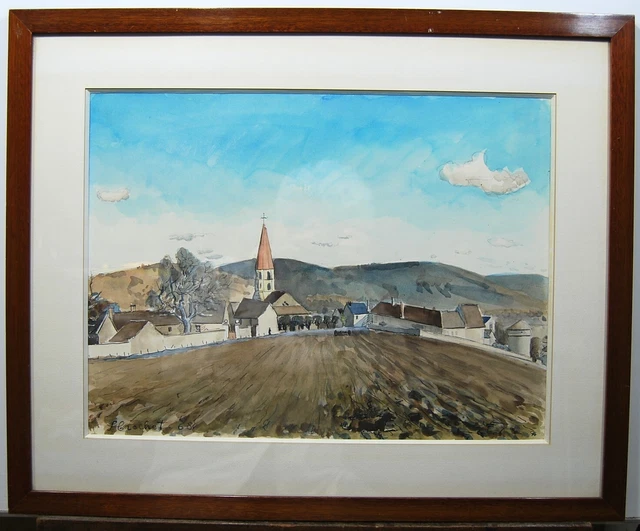 TABLEAU AQUARELLE VILLAGE Paysage de campagne signé S CROCHET 68 cadre 52x64 cm EUR 90,00 ...