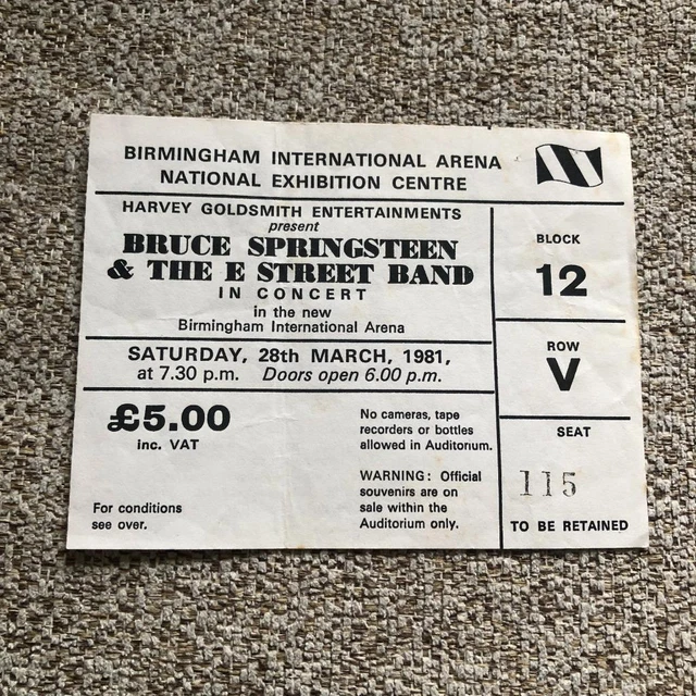 BRUCE SPRINGSTEEN TICKET Birmingham NEC 28/03/81 #V115 River tour £22. ...