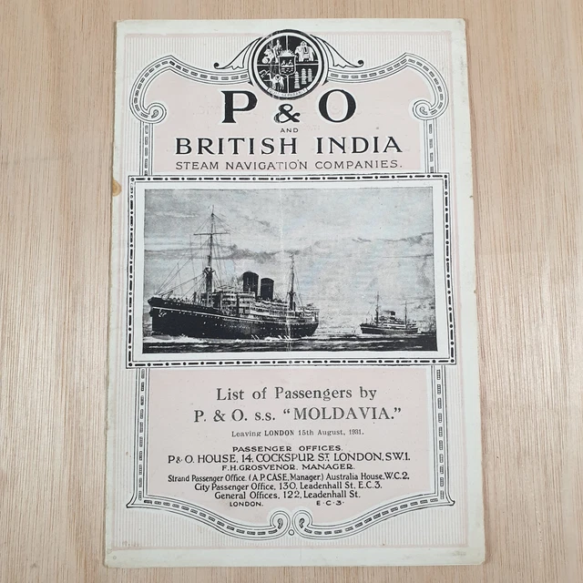 P&O BRITISH INDIA Steam Navigation Companies SS Moldavia 1931 Passenger ...