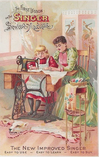 A &HER FIRST Lesson" on a Singer Handmade Advertising Picture Postcard ...