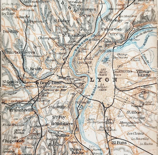 MAP LYON SOUTHERN France Rare 1914 Lithograph WW1 Topographic Mini ...