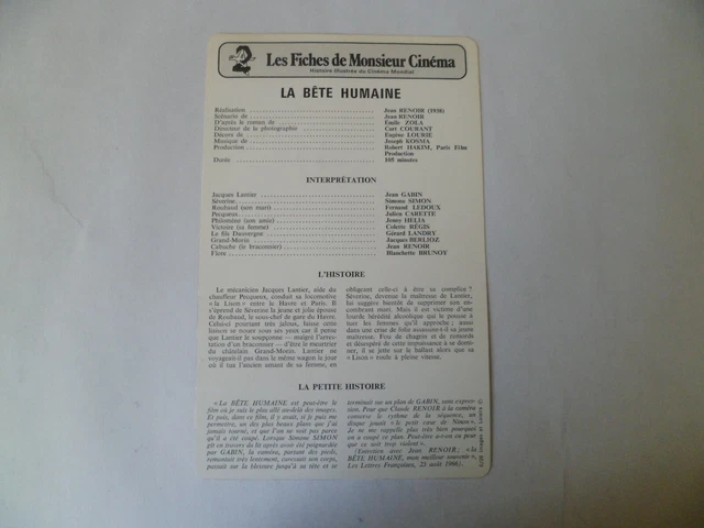 CARTE FICHE CINEMA 1938 LA BETE HUMAINE Jean Gabin Simone Simon Fernand ...