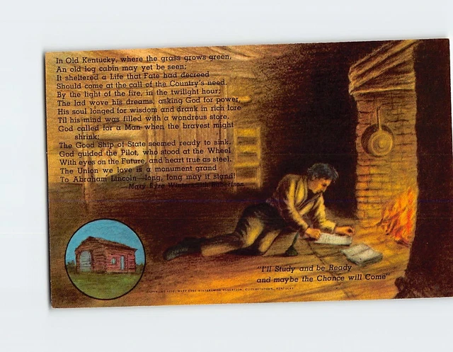 POSTCARD ABRAHAM LINCOLN Cabin Fireplace Poem by Mary Eyre Wintersmith ...