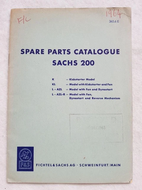 SACHS 200 ENGINE Motorcycle Illustrated Parts List 1964 #365.6E590406 £ ...