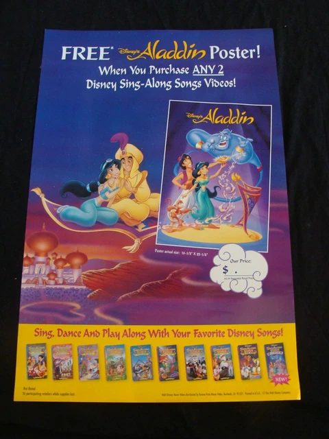 WALT DISNEY ALADDIN-SING ALONG SONGS video poster original video store ...