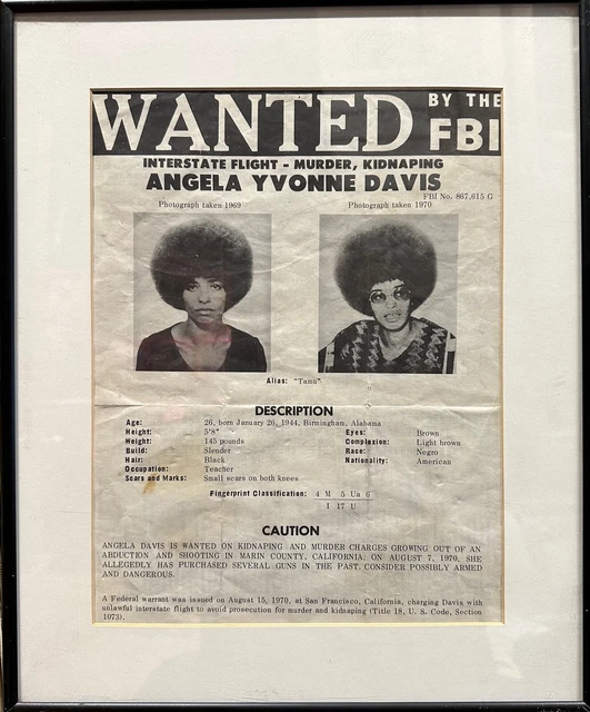 ORIGINAL 1970 ANGELA Davis FBI Wanted Poster Black Panther gerahmt EUR ...