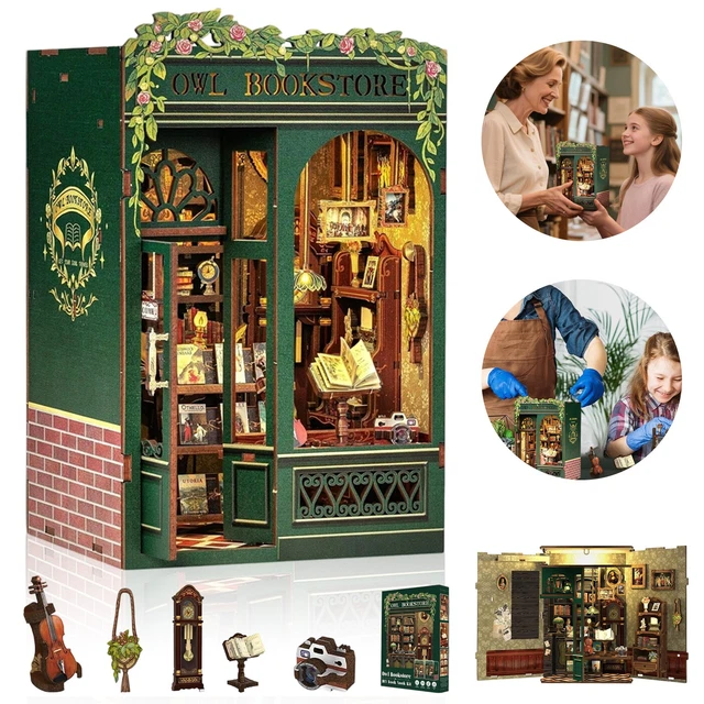 MINIATURE MODEL BOOKSHELF Gift Diy Book Nook Owl Bookstore Wooden Doll ...