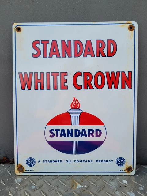 VINTAGE STANDARD PORCELAIN Sign White Crown Torch Gas Station Oil ...