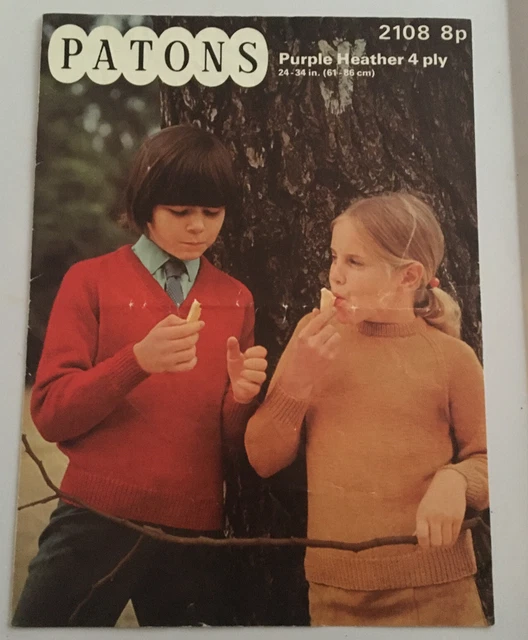 KNITTING PATTERN PATONS 4 ply Child's Raglan Sleeve Sweaters 24-34 ...