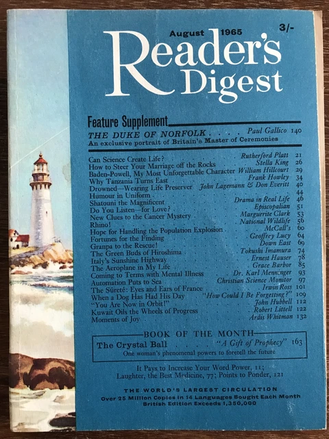 READER'S DIGEST MAGAZINE August 1965 Inc Baden-Powell Cancer Mystery ...