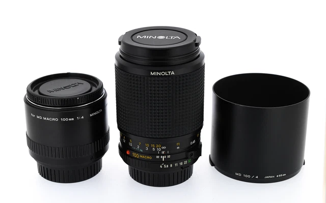MINOLTA MD MACRO 100 mm f4 avec tube adaptateur 1:1 + pare-soleil EUR ...
