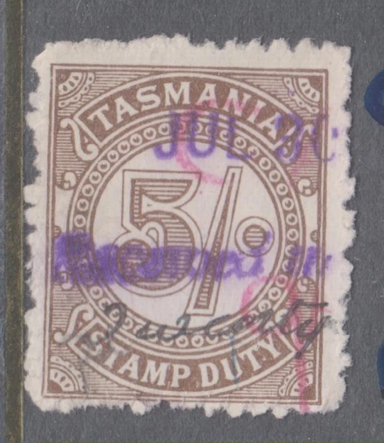 1920 TASMANIAN 5/- STAMP DUTY REVENUE PERF. 12 - NO SEC. U/P OR ...