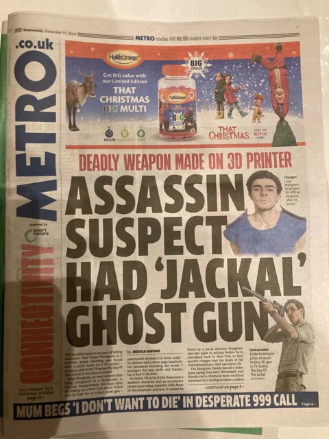 METRO NEWSPAPER LUIGI Mangione Suspected/ Assassin/ The Jackal 11/12 ...