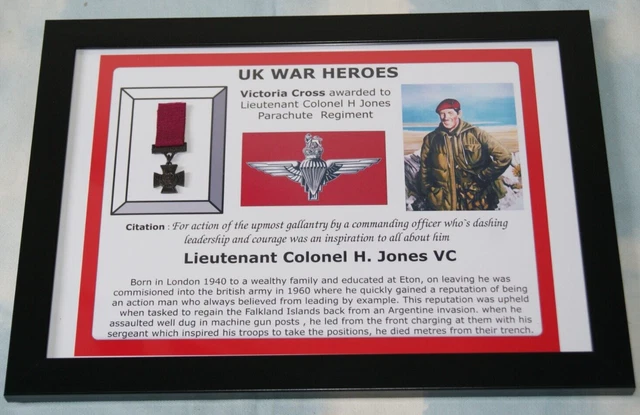 A4 FRAMED MEDAL display Lt Colonel H JONES VC falklands war hero ...