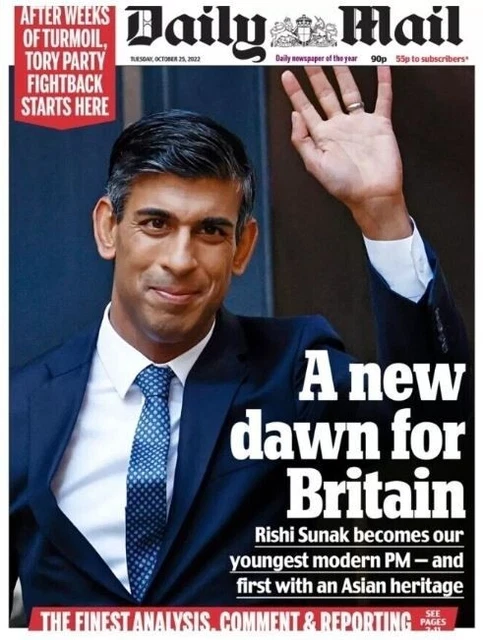 DAILY MAIL NEWSPAPER 25th October 2022 Rishi Sunak New Prime Minister ...