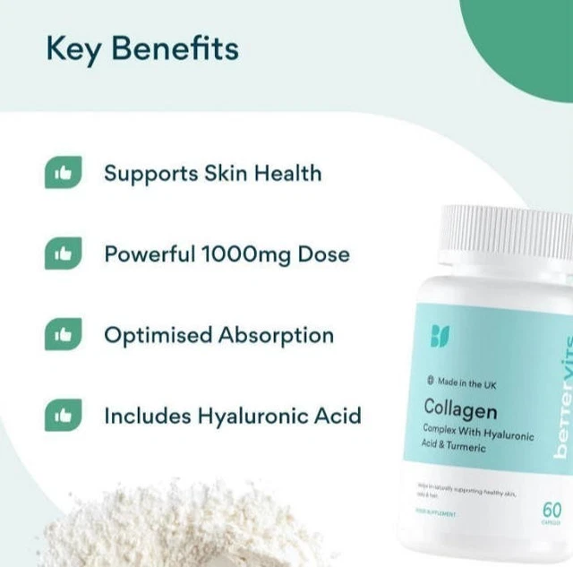 BETTERVITS COLLAGEN COMPLEX Hyaluronic Acid Turmeric 60 capsules £10.31 ...