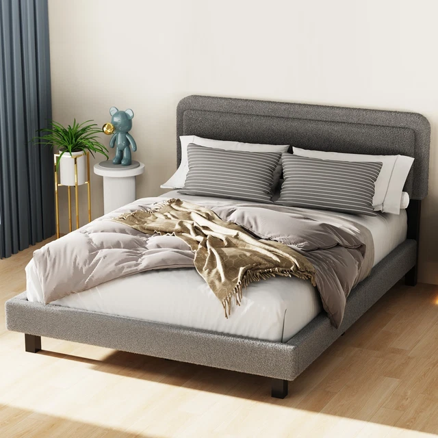 DOUBLE SIZE UPHOLSTERED Bed Frame w/ Sheep Plush Headboard，Wooden Slats ...